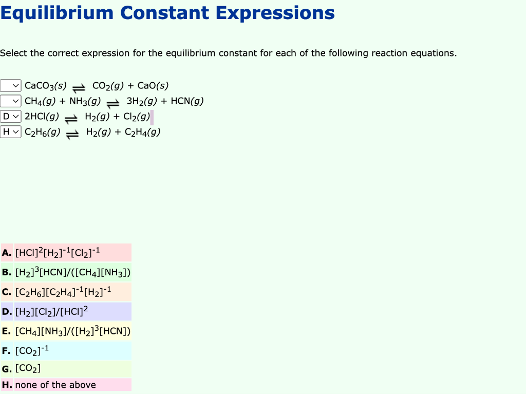 Solved Equilibrium Constant Expressions Select the correct | Chegg.com
