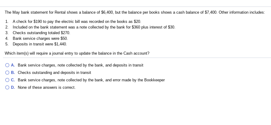 Solved The May bank statement for Rental shows a balance of | Chegg.com
