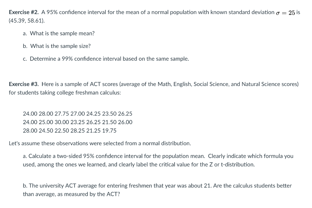Solved Exercise #2. A 95% confidence interval for the mean | Chegg.com