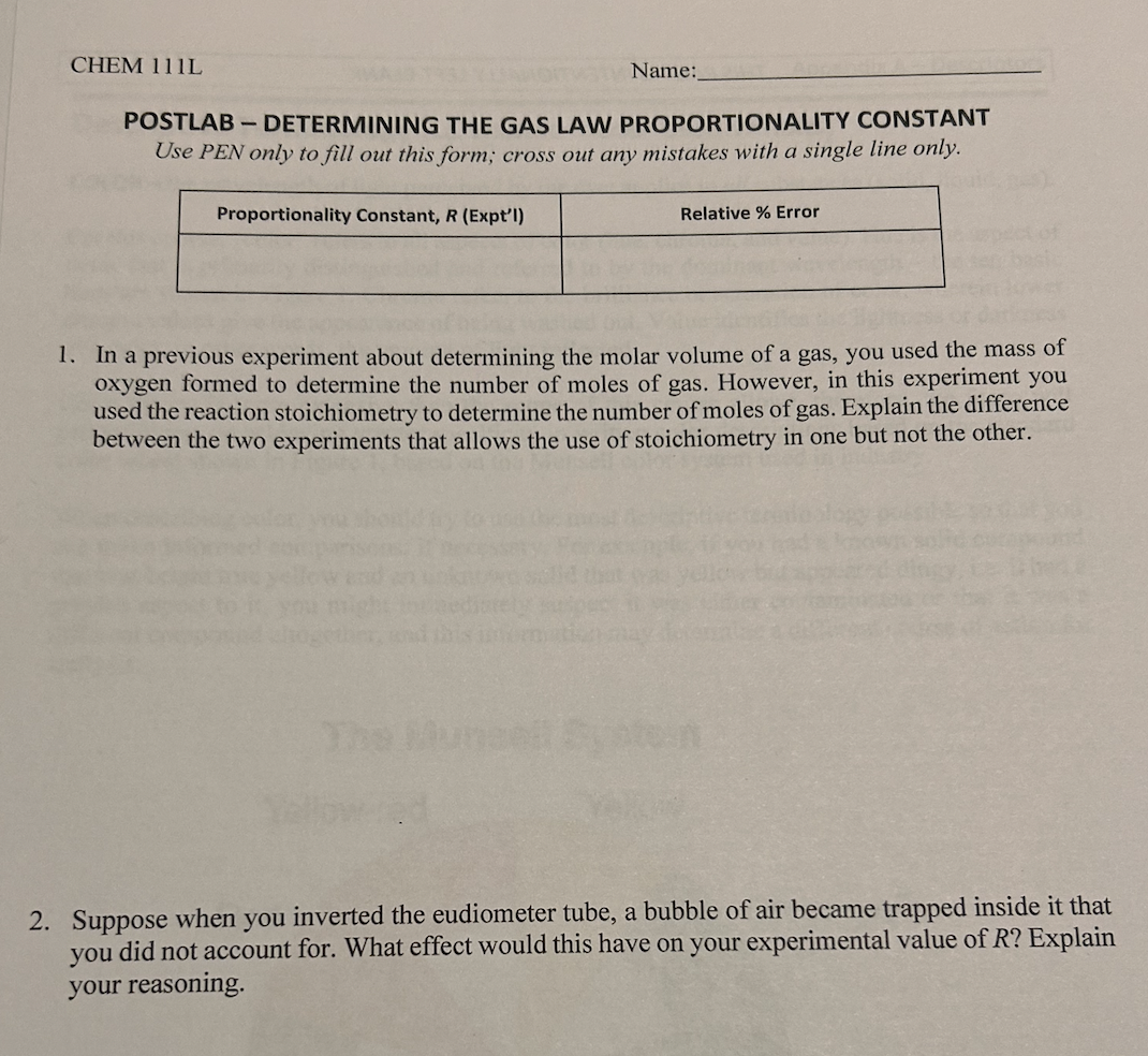 POSTLAB - DETERMINING THE GAS LAW PROPORTIONALITY | Chegg.com