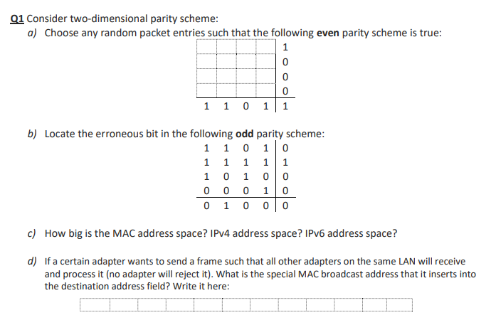 Solved Q1 Consider two-dimensional parity scheme: a) Choose | Chegg.com