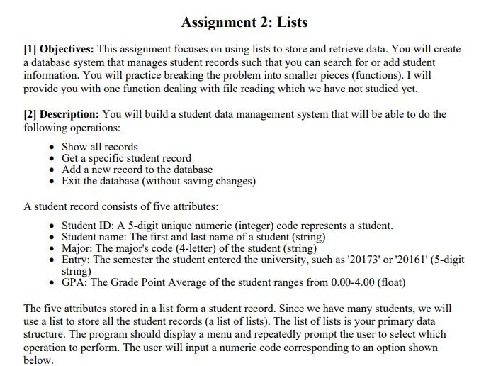 Solved Assignment 2: Lists [1] Objectives: This assignment | Chegg.com