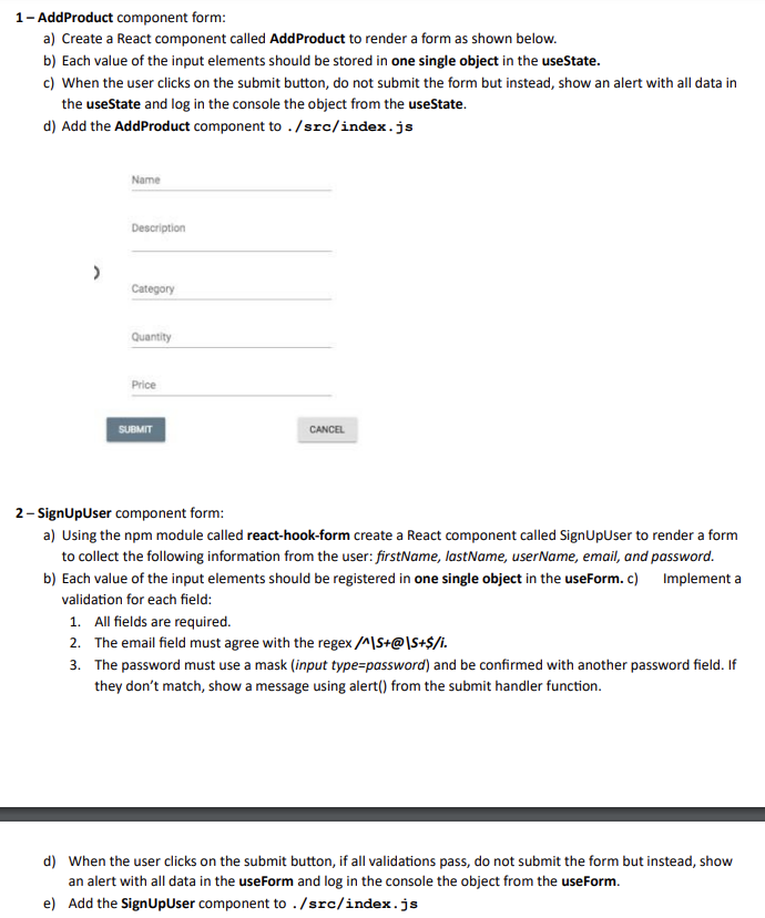 Solved 1-AddProduct component form: a) Create a React | Chegg.com