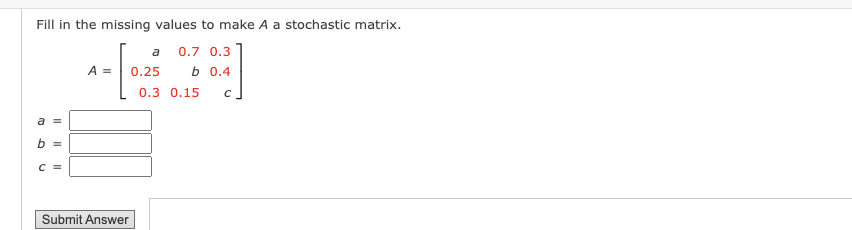 Solved Fill in the missing values to make A a stochastic | Chegg.com
