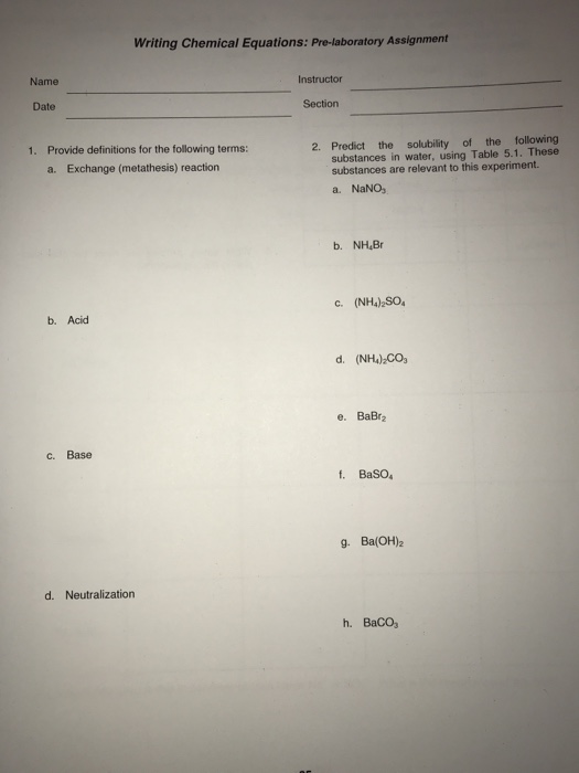 Solved Writing Chemical Equations: Pre-laboratory Assignment | Chegg.com