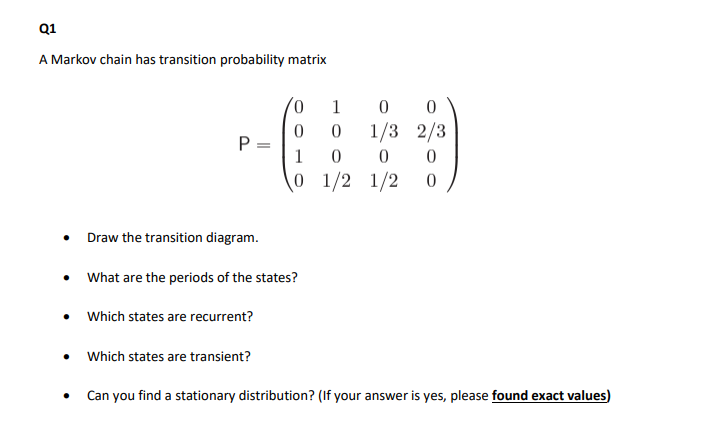 Solved A Markov chain has transition probability matrix | Chegg.com