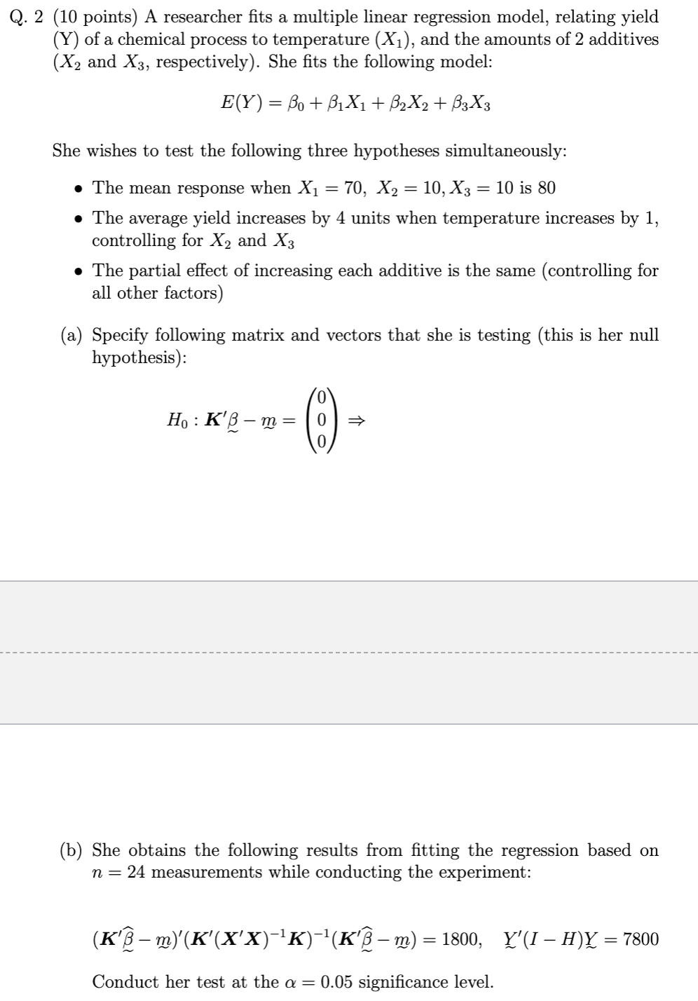 Solved (10 points) A researcher fits a multiple linear | Chegg.com