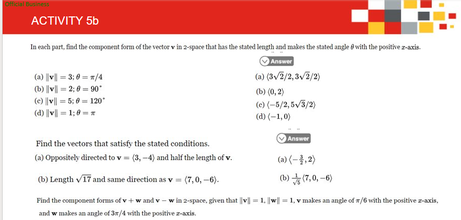 Solved In each part, find the component form of the vector v | Chegg.com