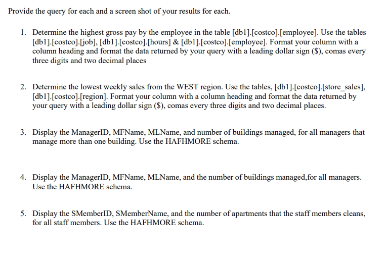 Solved rovide the query for each and a screen shot of your | Chegg.com