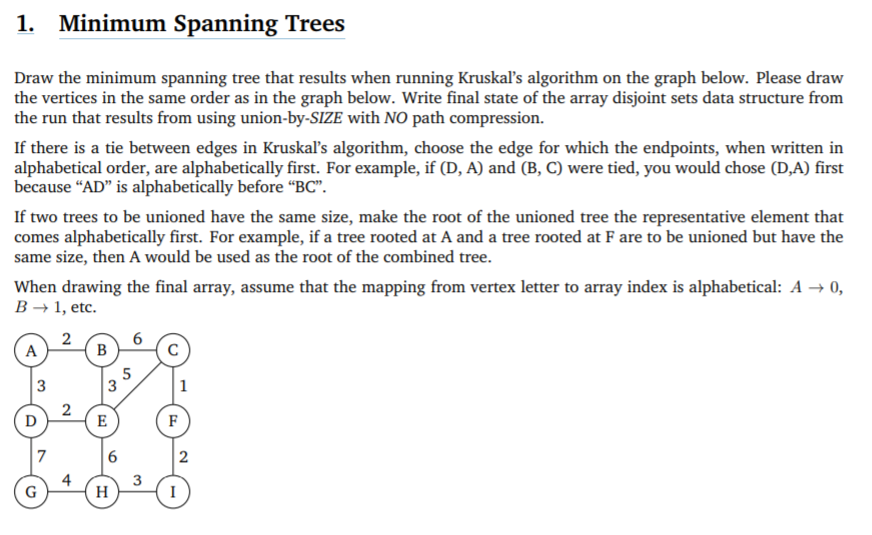 Solved 1. Minimum Spanning Trees Draw the minimum spanning | Chegg.com