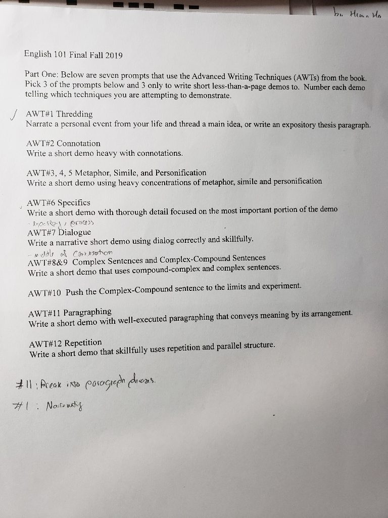 English 101 Final Fall 2019 Part One: Below are seven | Chegg.com