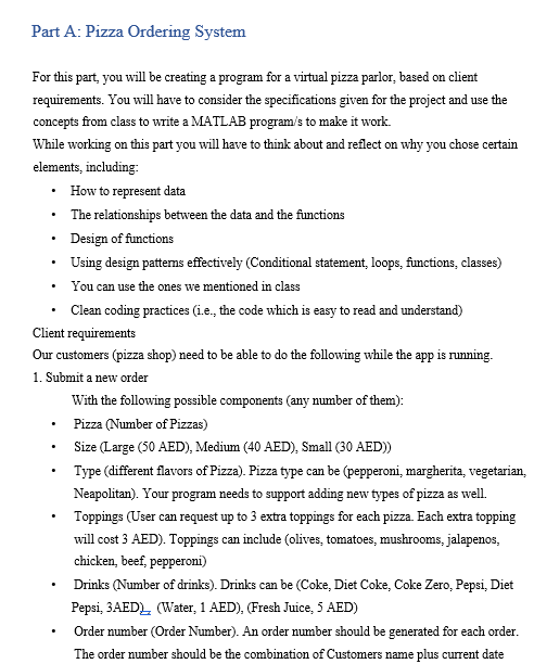 Part A: Pizza Ordering System . . . For this part, | Chegg.com