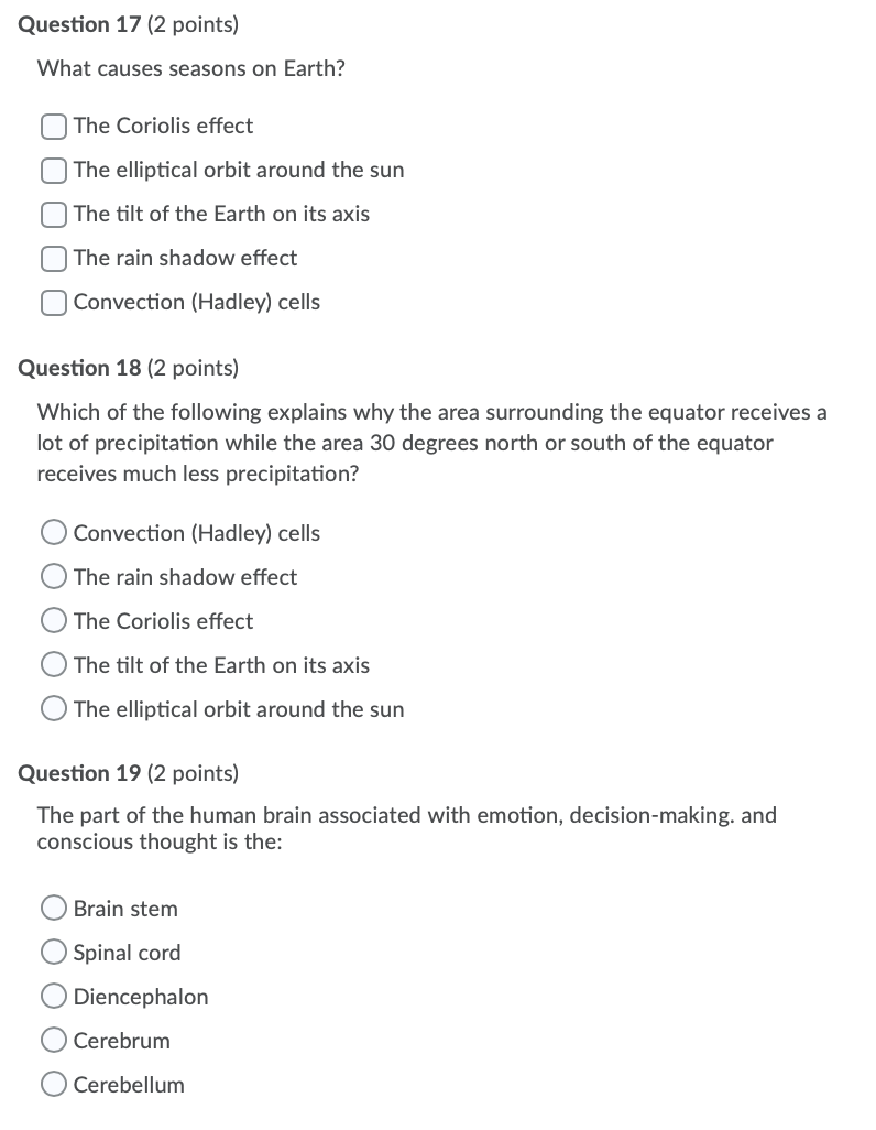 Solved Question 17 (2 points) What causes seasons on Earth? | Chegg.com