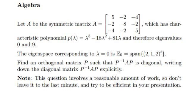 Solved Algebra 5 -2 Let A be the symmetric matrix A = -2 8 | Chegg.com