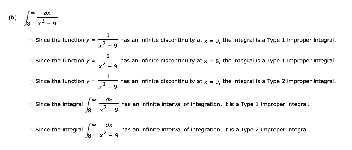 Solved ∫8∞x2−9dx Since The Function Y X2−91 Has An Infinite