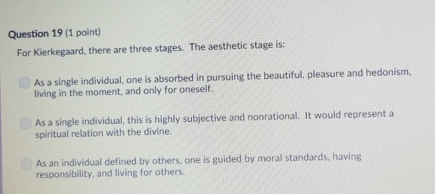 Solved Question 19 (1 point) For Kierkegaard, there are | Chegg.com