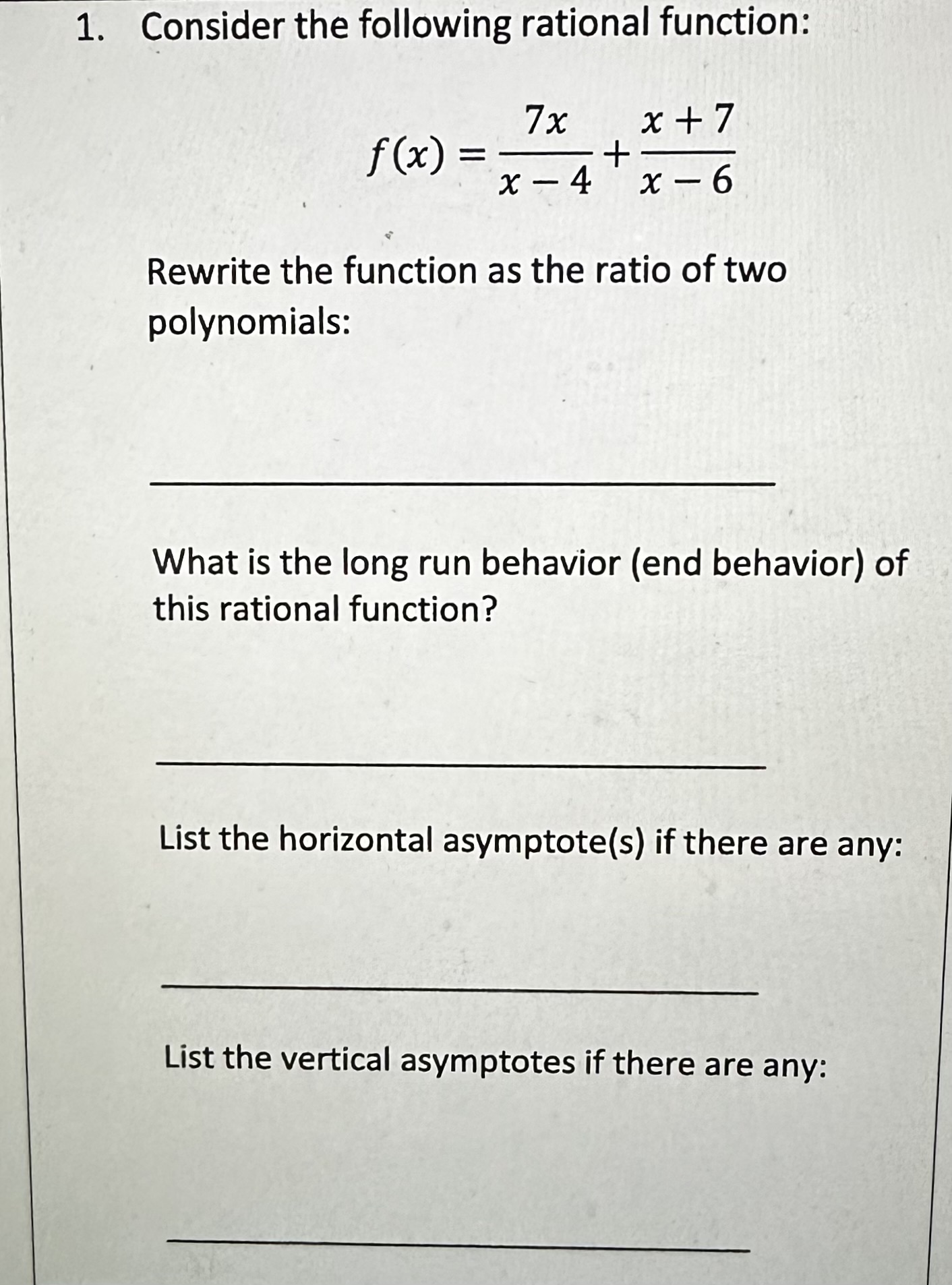 Solved 1. Consider the following rational function: | Chegg.com