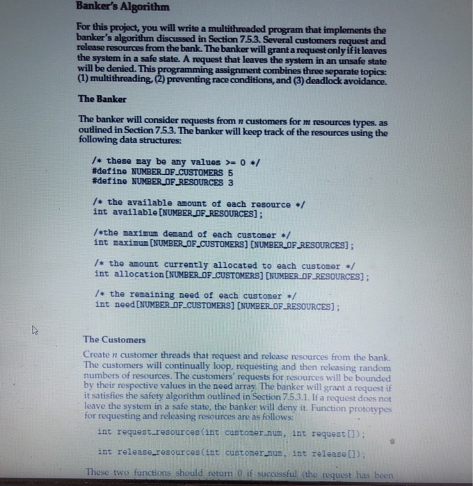 Banker's Algorithm For this project, you will write a | Chegg.com