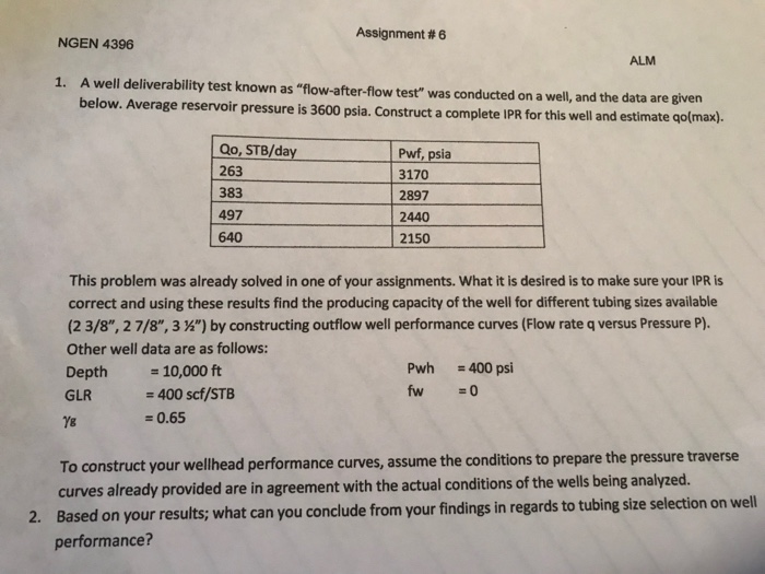 Assignment # 6 NGEN 4396 ALM 1. A well deliverability | Chegg.com