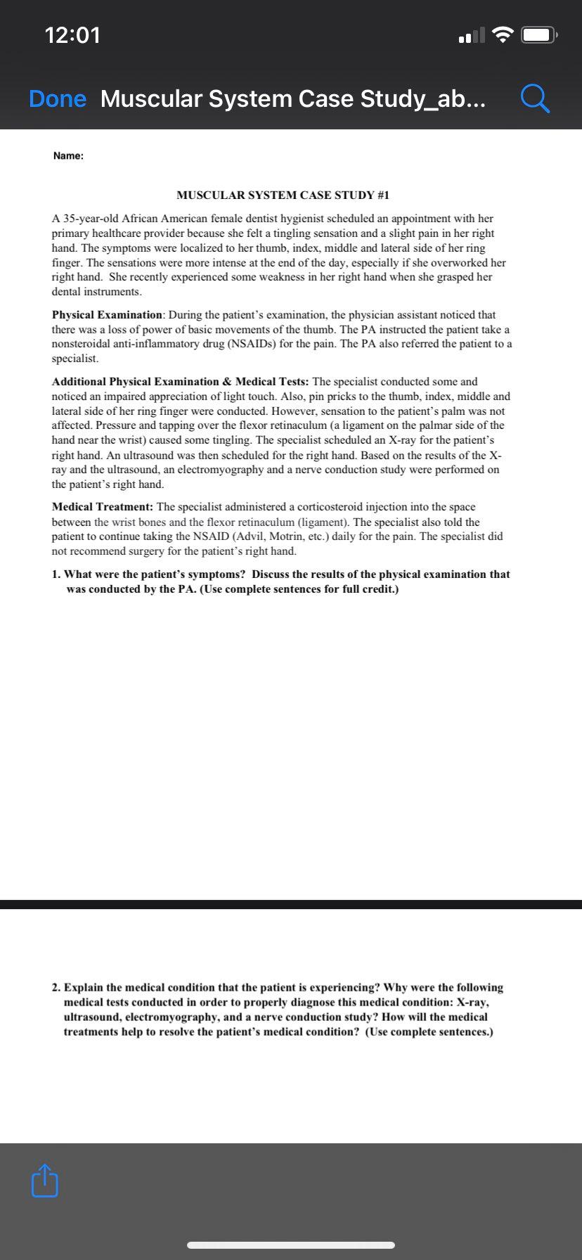 Solved 12:01 Done Muscular System Case Study_ab... Q Name: | Chegg.com