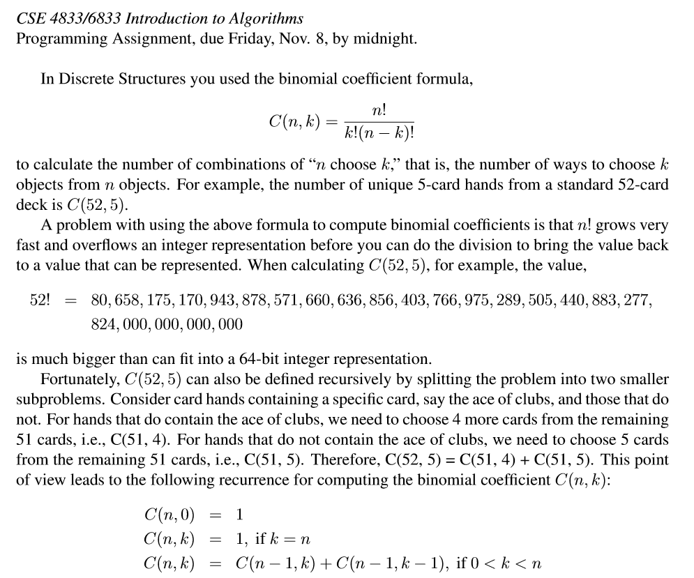 CSE 4833/6833 Introduction to Algorithms Programming | Chegg.com