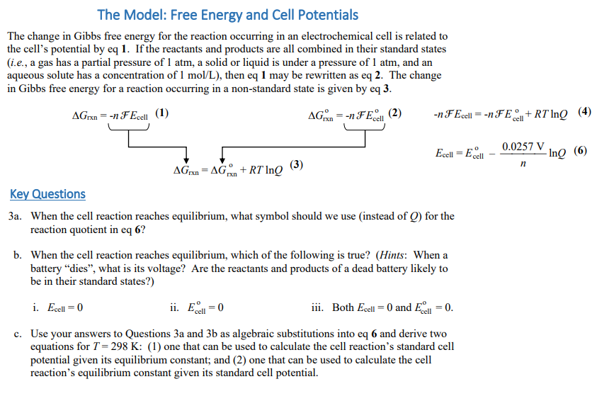Solved The Model: Free Energy and Cell Potentials The change | Chegg.com
