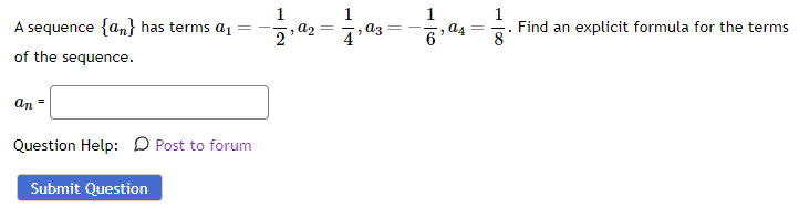 Solved A sequence {an} has terms a1=−21,a2=41,a3=−61,a4=81. | Chegg.com