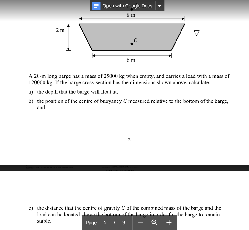 Solved A 20−m long barge has a mass of 25000 kg when empty, | Chegg.com