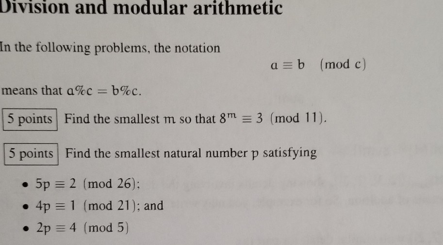 Solved Division and modular arithmetic In the following | Chegg.com
