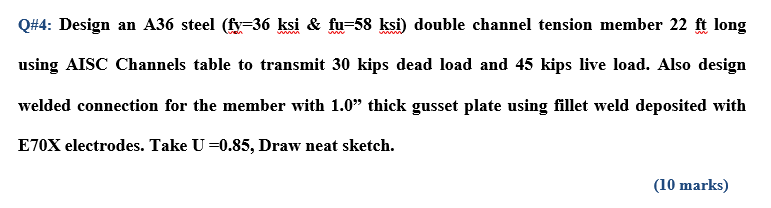 Solved Q#4: Design an A36 steel (fy=36 ksi & fu=58 ksi) | Chegg.com