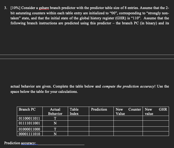 3. [10%] Consider a gshare branch predictor with the | Chegg.com