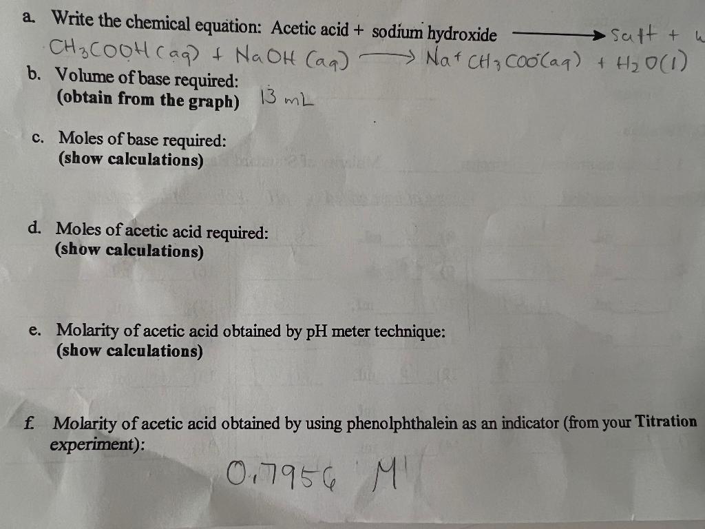 w a. Write the chemical equation: Acetic acid + | Chegg.com