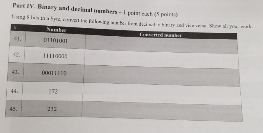Solved Part IV. Binary and decimal numbers - 1 point each (5 | Chegg.com