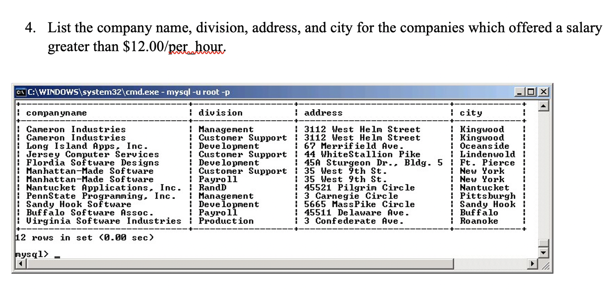 Solved SELECT companyname, division, address, city FROM | Chegg.com