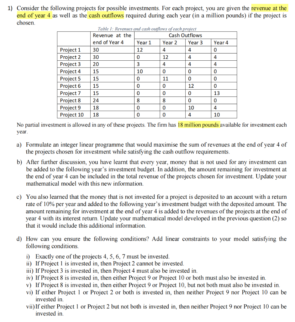 1) Consider the following projects for possible | Chegg.com