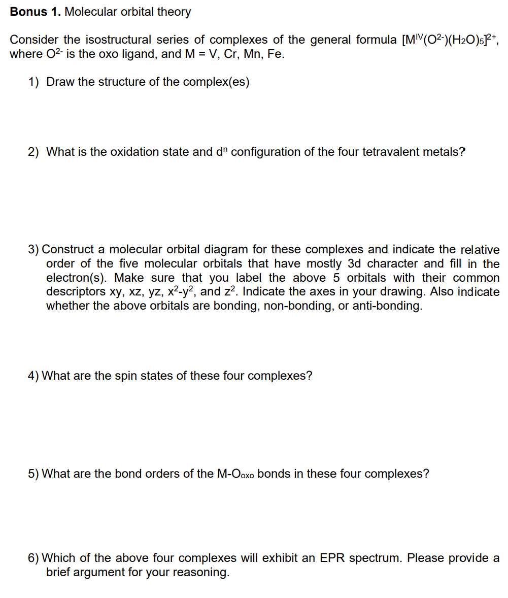 Solved Bonus 1. Molecular orbital theory Consider the | Chegg.com