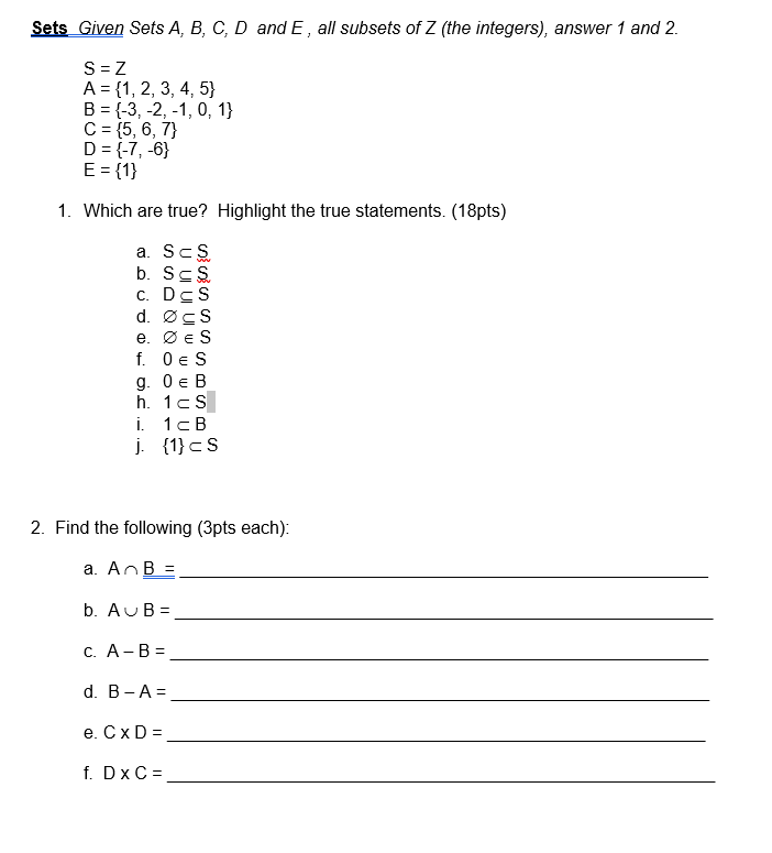 Solved Sets Given Sets A, B, C, D and E, all subsets of Z | Chegg.com