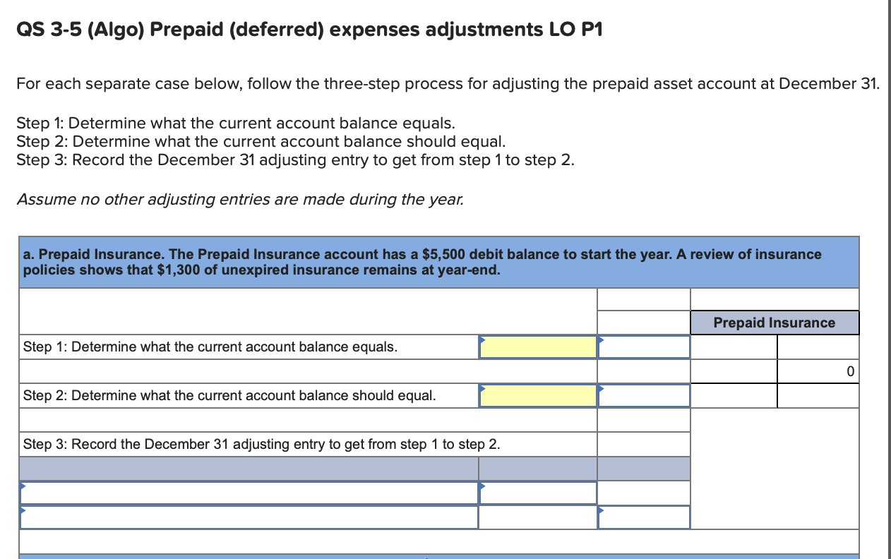 Solved QS 3-5 (Algo) Prepaid (deferred) expenses adjustments | Chegg.com Solved QS 3-5 (Algo) Prepaid (deferred) expenses adjustments | Chegg.com