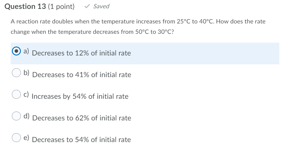 Solved Question 13 (1 point) Saved A reaction rate doubles | Chegg.com