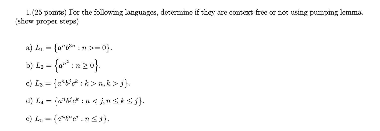 Solved 1.(25 ﻿points) ﻿For the following languages, | Chegg.com