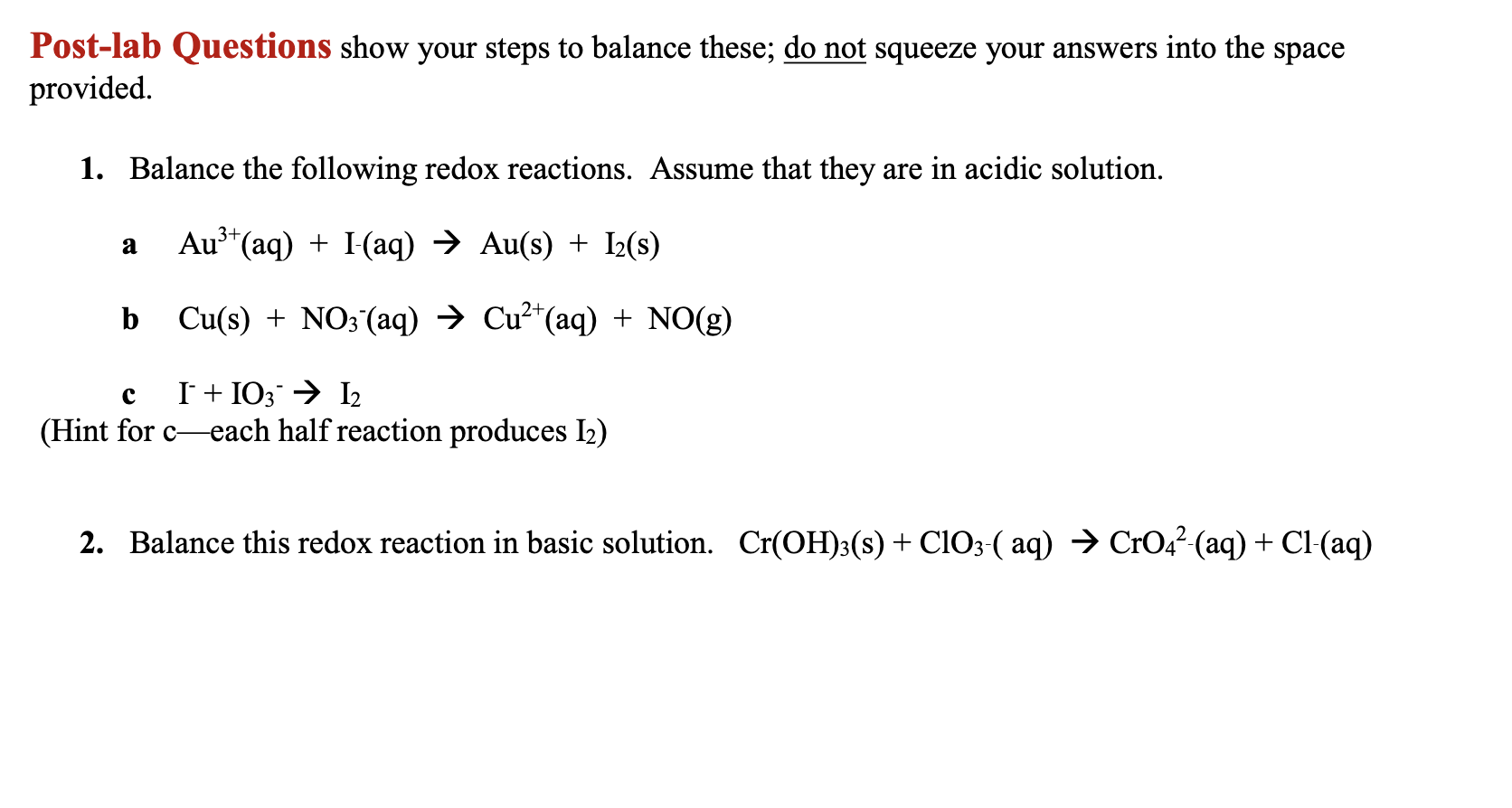 Solved Post-lab Questions show your steps to balance these; | Chegg.com