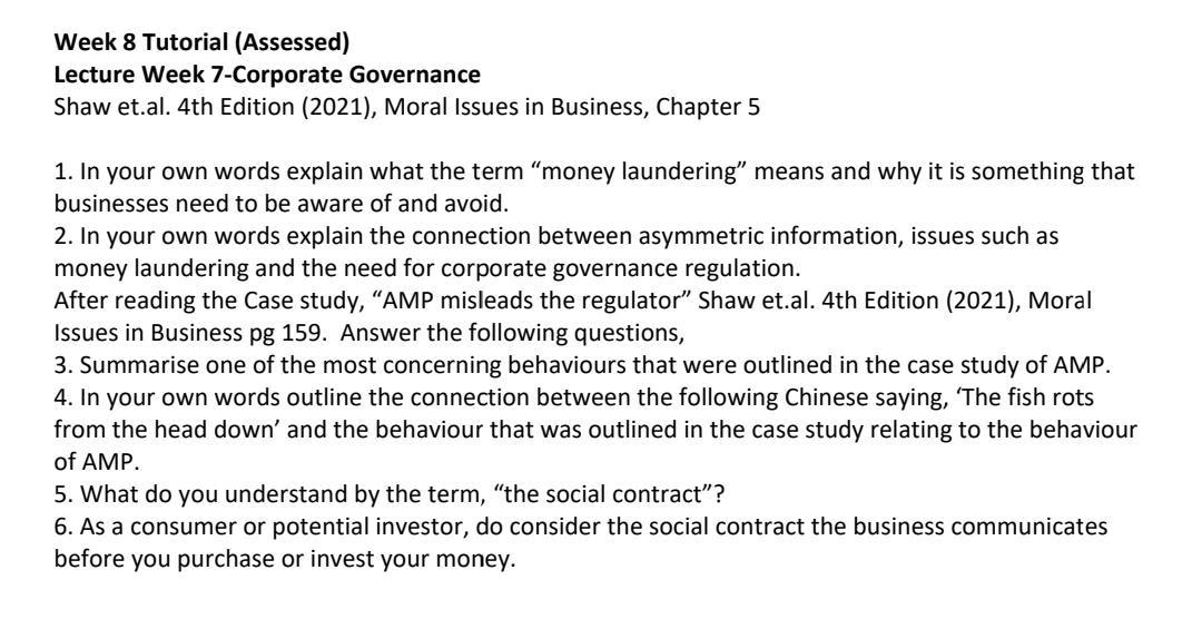 Week 8 Tutorial (Assessed) Lecture Week 7-Corporate | Chegg.com