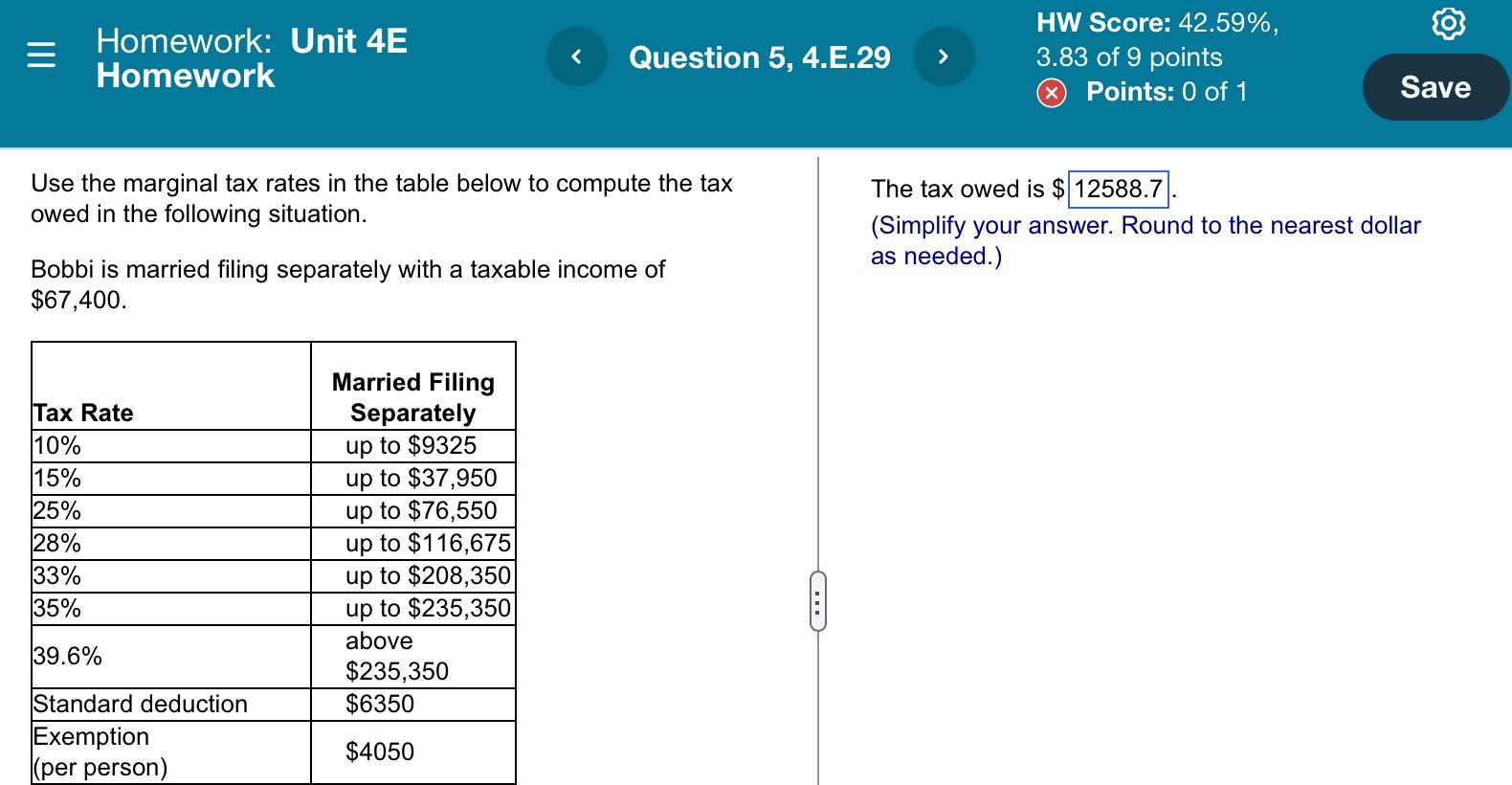 Solved = Homework: Unit 4E Homework Use the marginal tax | Chegg.com