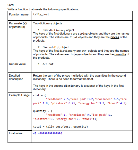 Solved Q2d Write a function that meets the following | Chegg.com