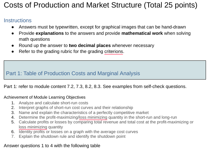 Solved Costs of Production and Market Structure (Total 25 | Chegg.com