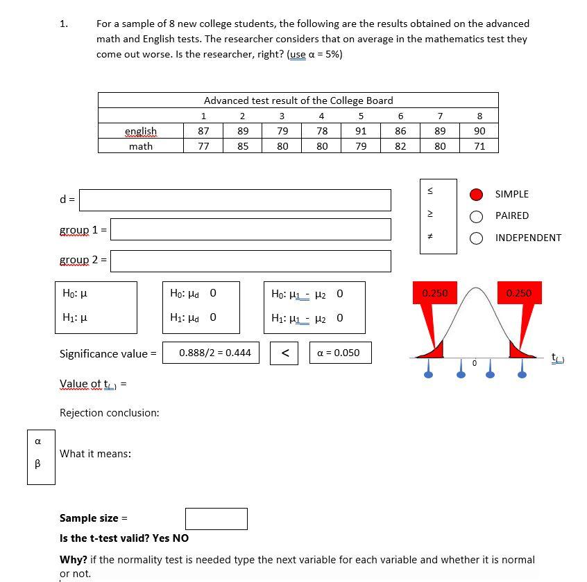 Solved Topic: Hypothesis Tests for Averages (t test): | Chegg.com