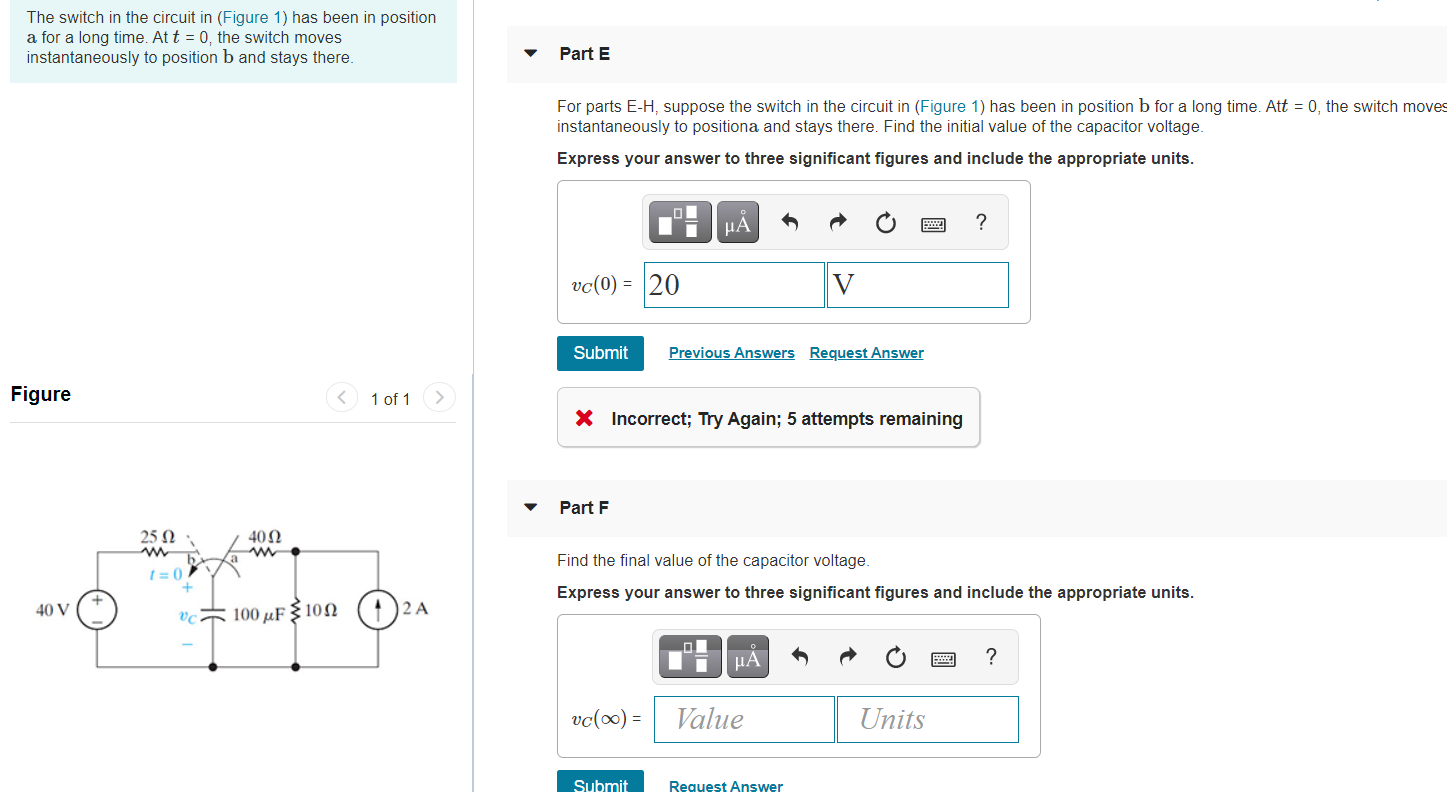 Solved The switch in the circuit in (Figure 1) has been in | Chegg.com