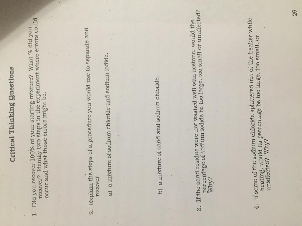 Critical Thinking Questions 1. Did you recover 100% | Chegg.com