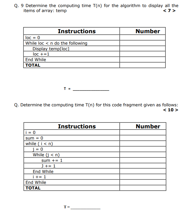 Solved Q. 9 Determine the computing time T(n) for the | Chegg.com