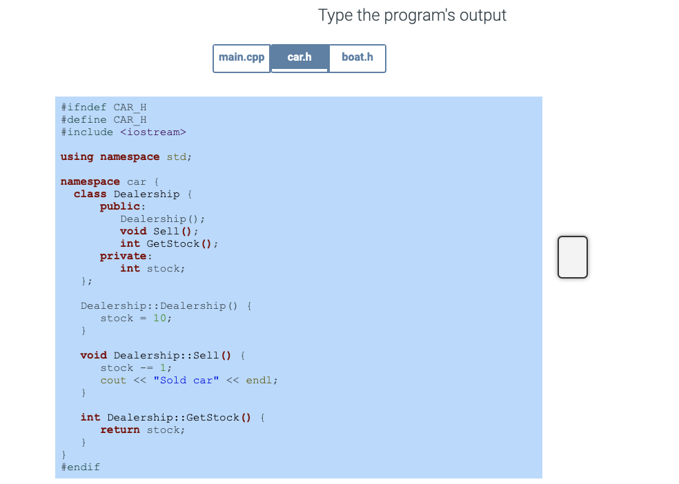Solved Type the program's output main.cpp car.h boat.h | Chegg.com